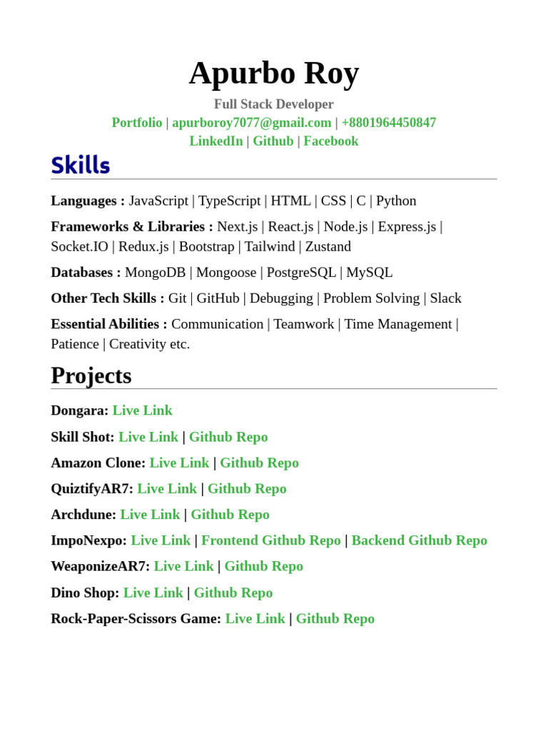 Full Stack Developer Portfolio | PDF