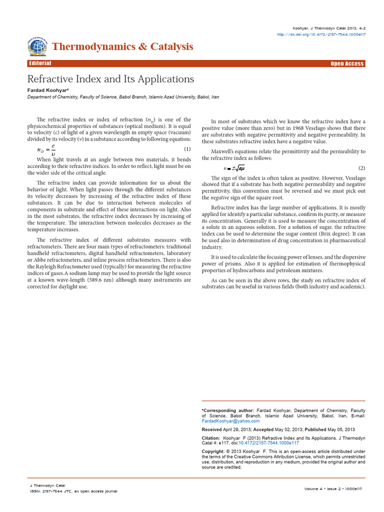 Refractive Index and Its Applications 2157 7544.1000e117 | PDF ...