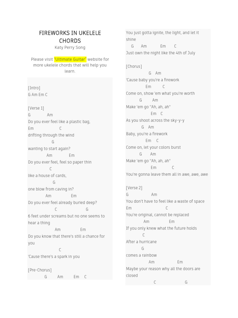 Fireworks (Ukelele Chords Sheet) | PDF | Song Structure | Sound Recording