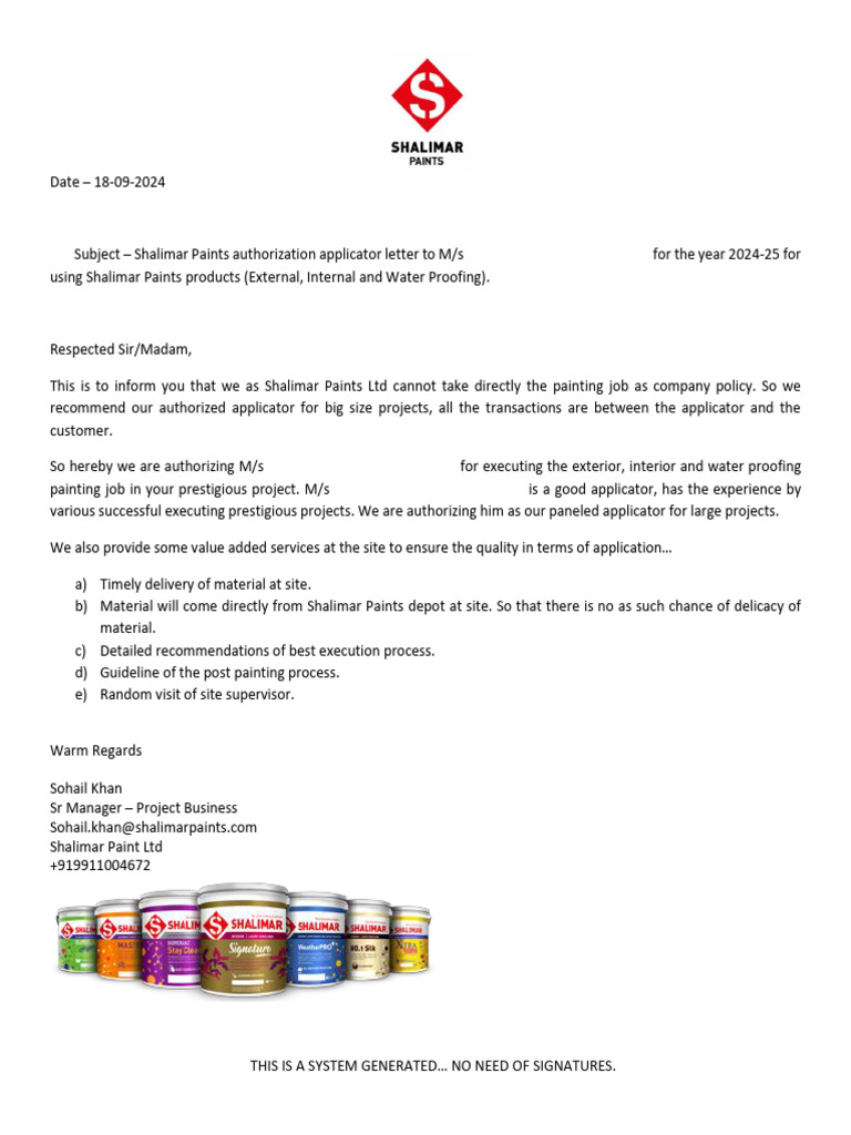Shalimar Paints Authorization Letter - Trini B2B Infra Private Limited ...