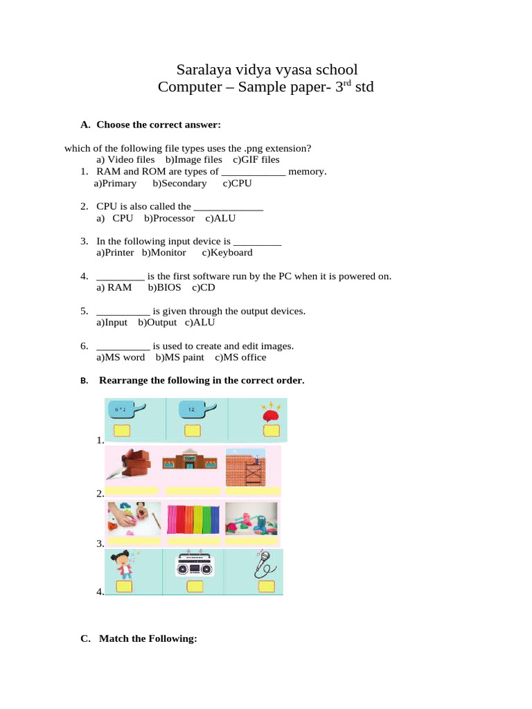 Computer Science Sample Paper - 3rd STD | PDF | Computer Data Storage | Input/Output