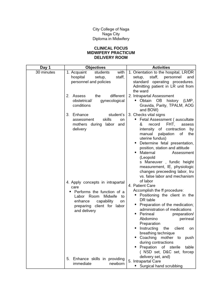 Midwifery Practicum Guide: Day 1 Activities | PDF | Childbirth | Midwifery