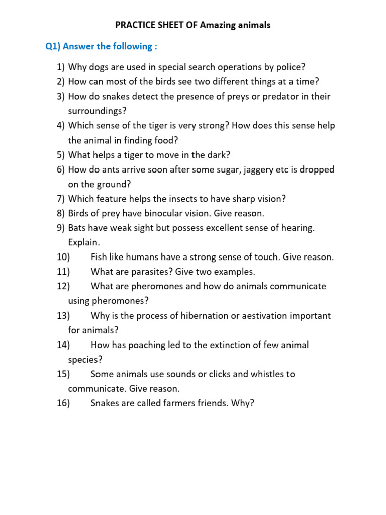 Amazing Animals Practice Questions | PDF | Predation | Tiger