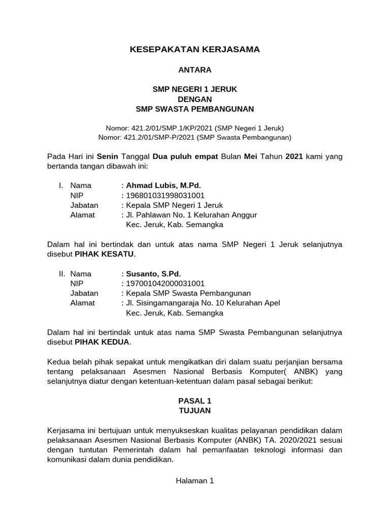 Contoh MoU Numpang ANBK | PDF