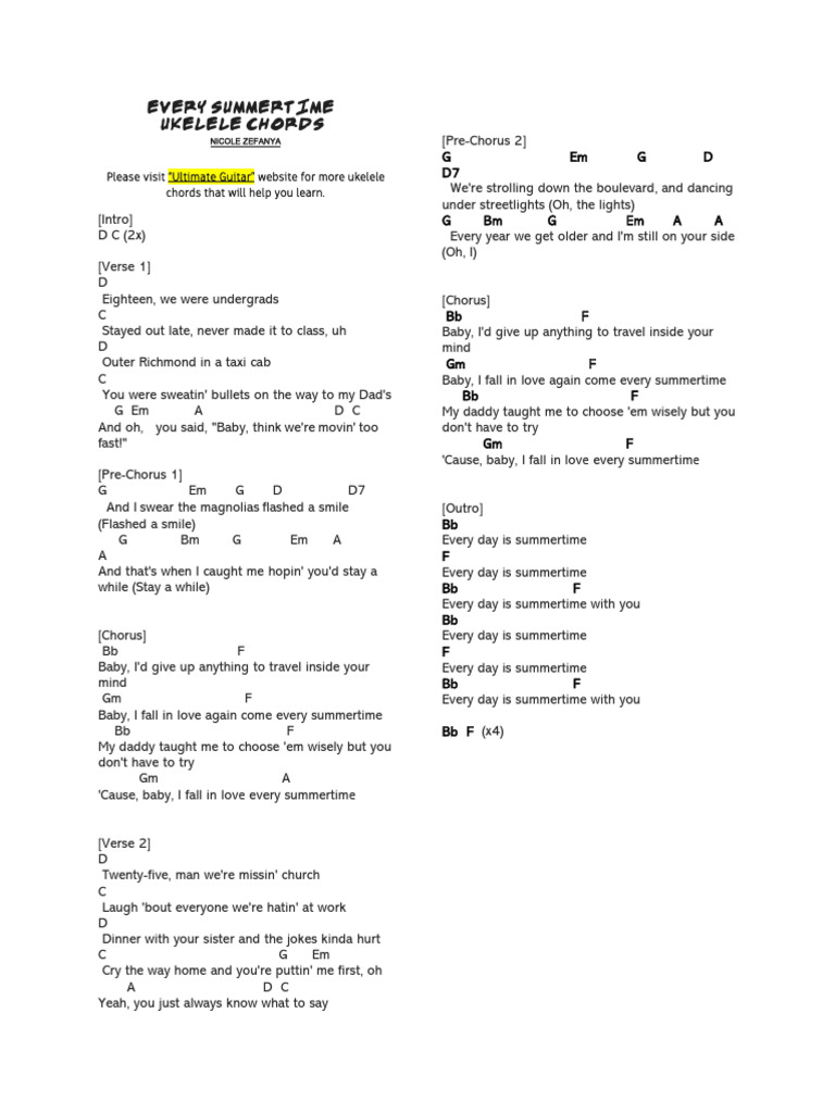 Every Summertime Ukulele Chords | PDF | Song Structure | Oral Literature