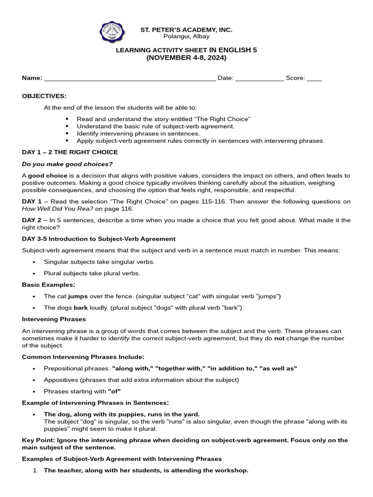 DL - Eng 5 | PDF | Subject (Grammar) | Verb