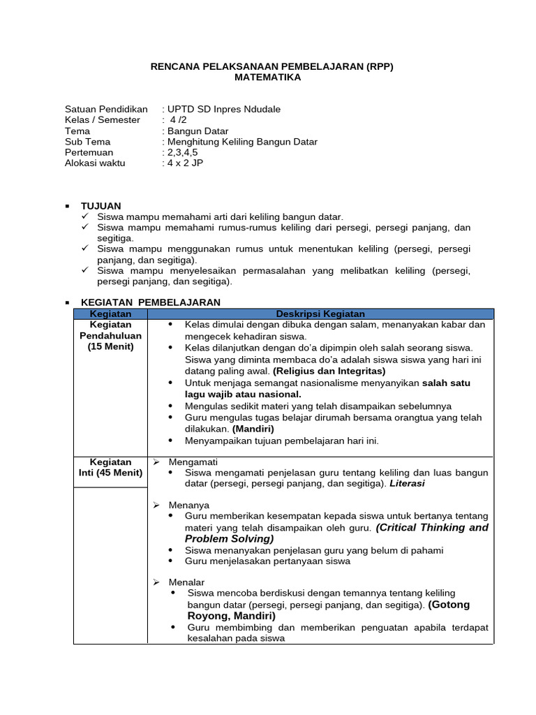 Rencana Pelaksanaan Pembelajaran (RPP) Matematika: (Critical Thinking and Problem Solving) | PDF