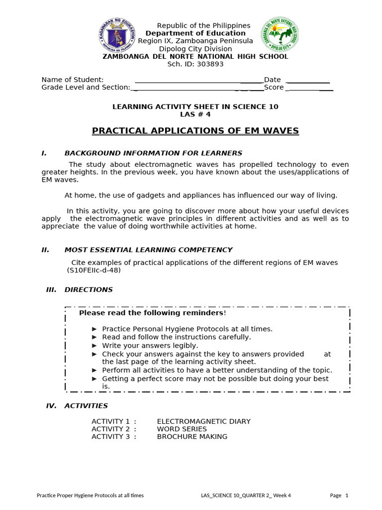 SCI10 - Q2 - Part 2 Application of EM Waves - LAS4 | PDF | Electromagnetic Radiation | Light