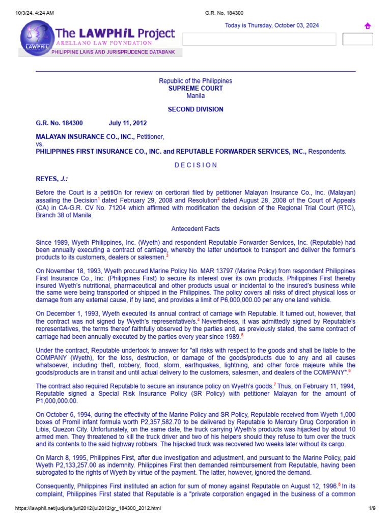 Philippines First Insurance Case Review | PDF | Insurance | Evidence (Law)