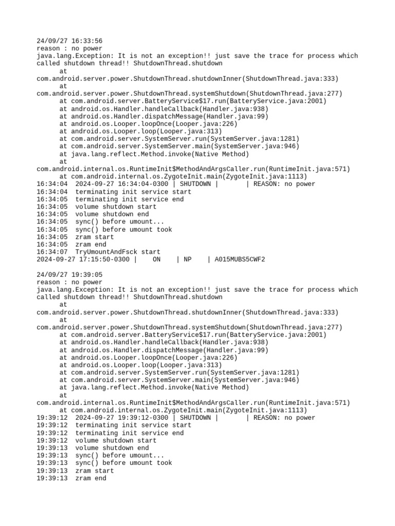 Android Shutdown Log: No Power Events | PDF | Java (Programming ...