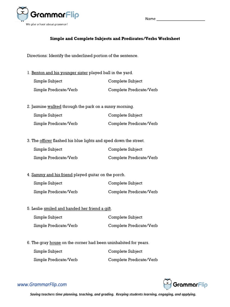 Simple and Complete Subjects and Predicates Verbs GrammarFlip Worksheet ...