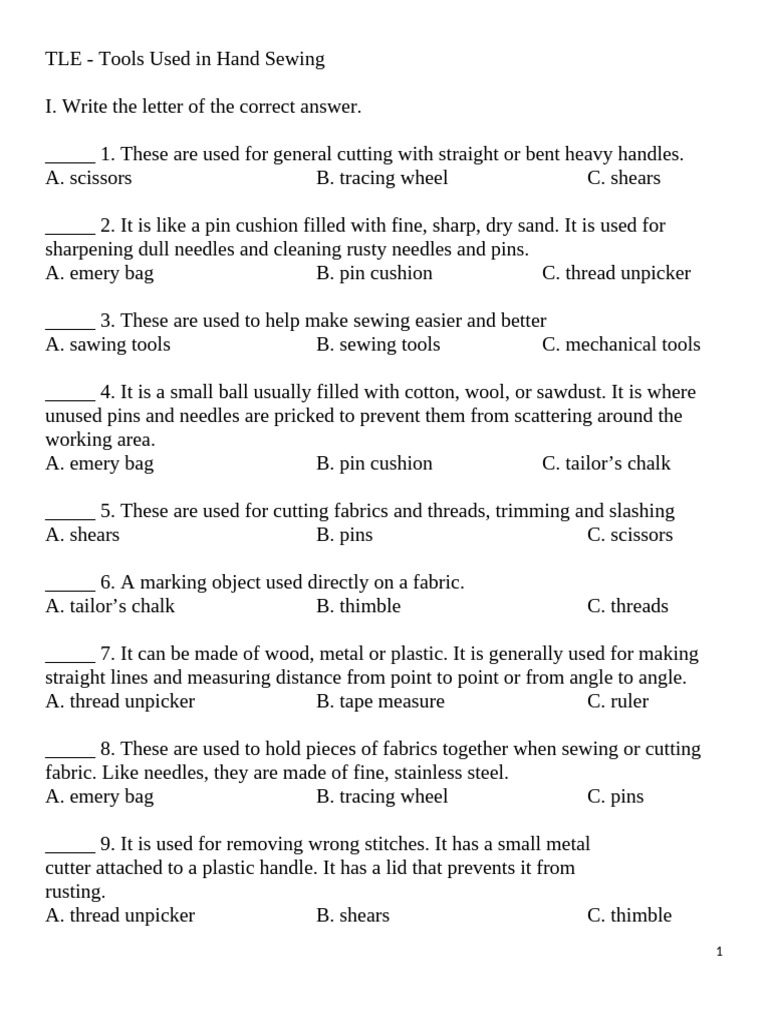 TLE - Tools Used in Hand Sewing | PDF | Sewing | Scissors