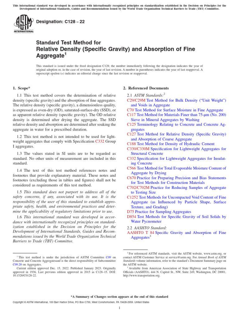 Astm C128-22 - Astm C128-22 | PDF | Density | Concrete