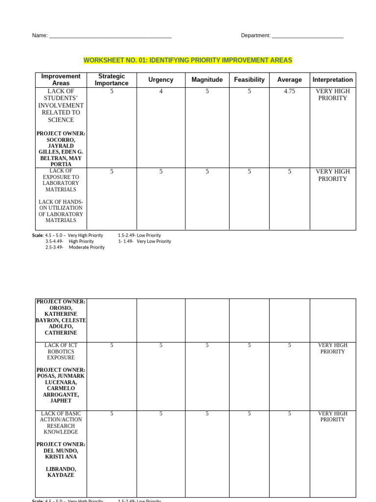 Priority Improvement Areas Worksheet | PDF