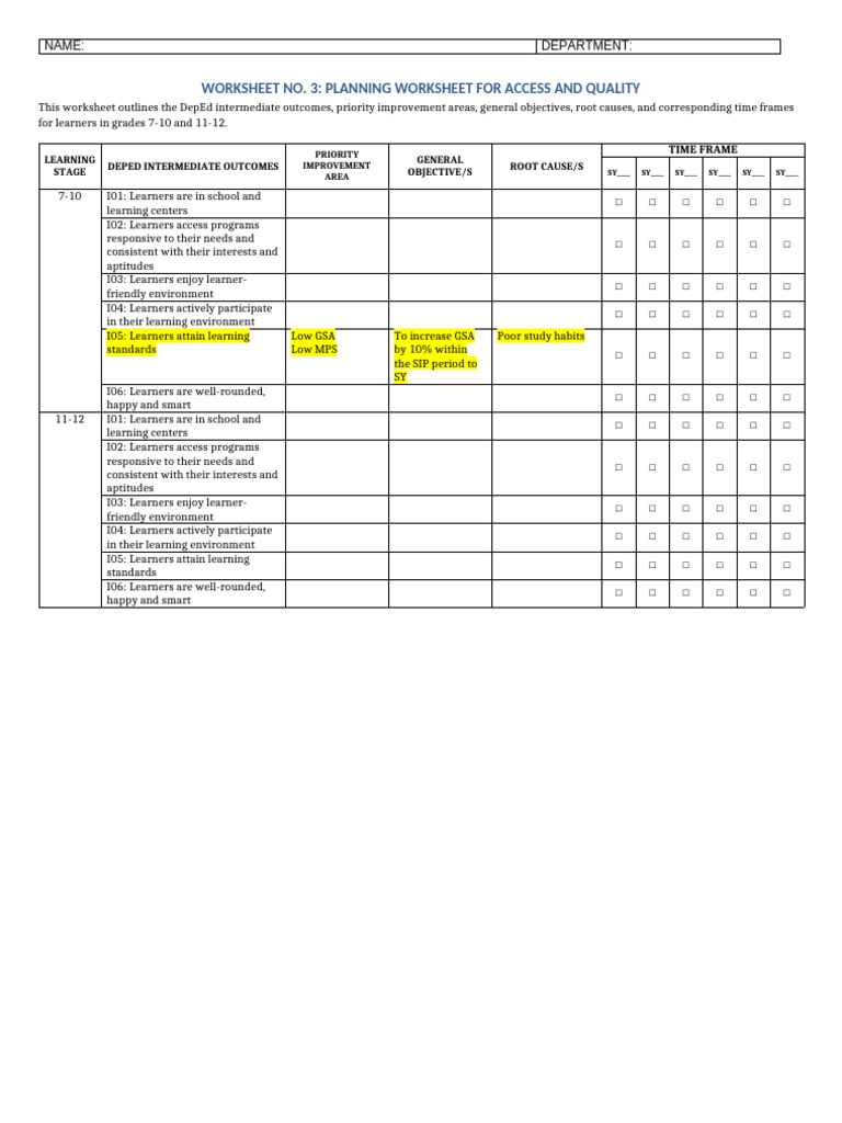 Worksheet No. 3 - Planning Worksheet | PDF | Learning | Behavior ...