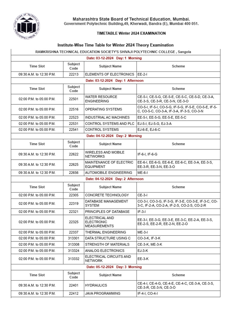 Time Table For Winter 2024 Theory Examination | PDF | Engineering ...