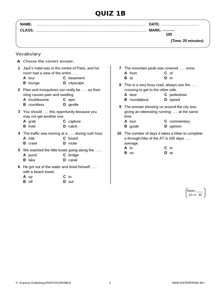 02 Enterprise b1+ New Quiz 1b | PDF