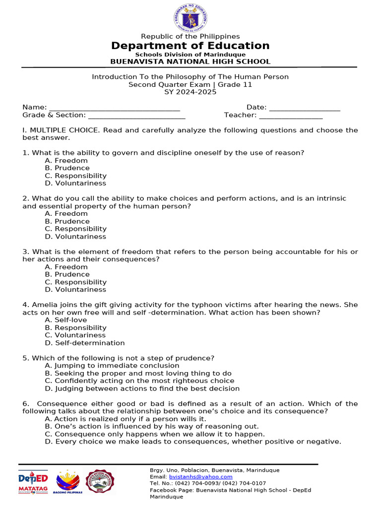 G11-Philosophy-2nd Quarter Exam-SY2024-2025 | PDF | Society | Prudence
