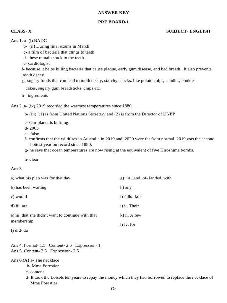 ANS KEY CLASS 10 - ENGLISH - Set A | PDF | Mouth
