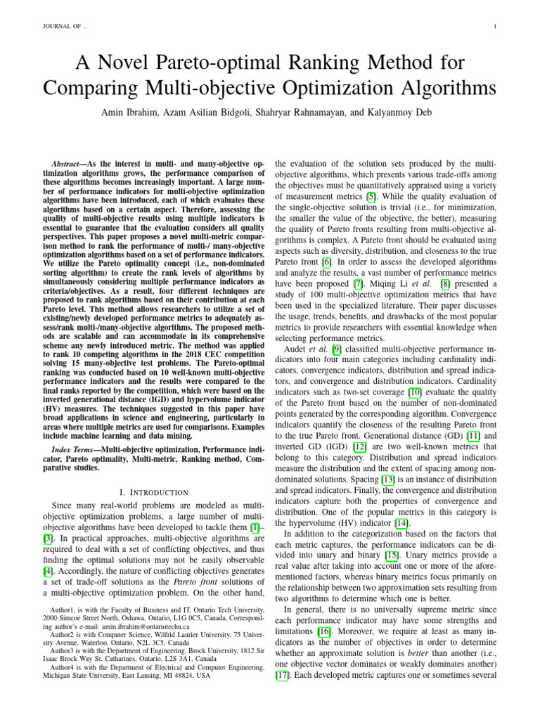 A Novel Pareto-Optimal Ranking Method For Comparing Multi-Objective Optimization Algorithms ...