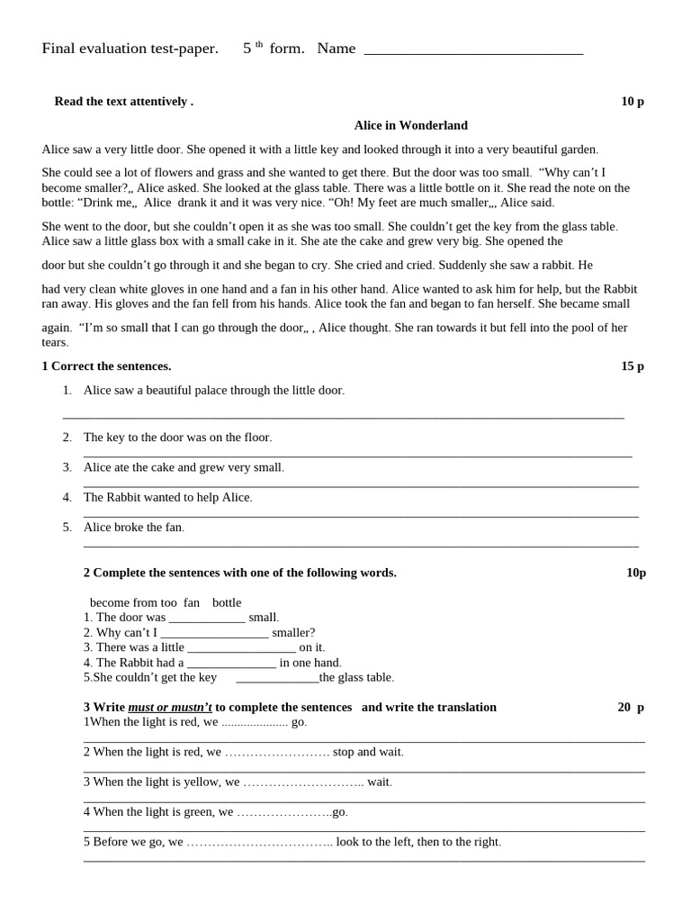 Final Evaluation CL 5 | PDF | Alice (Alice's Adventures In Wonderland)