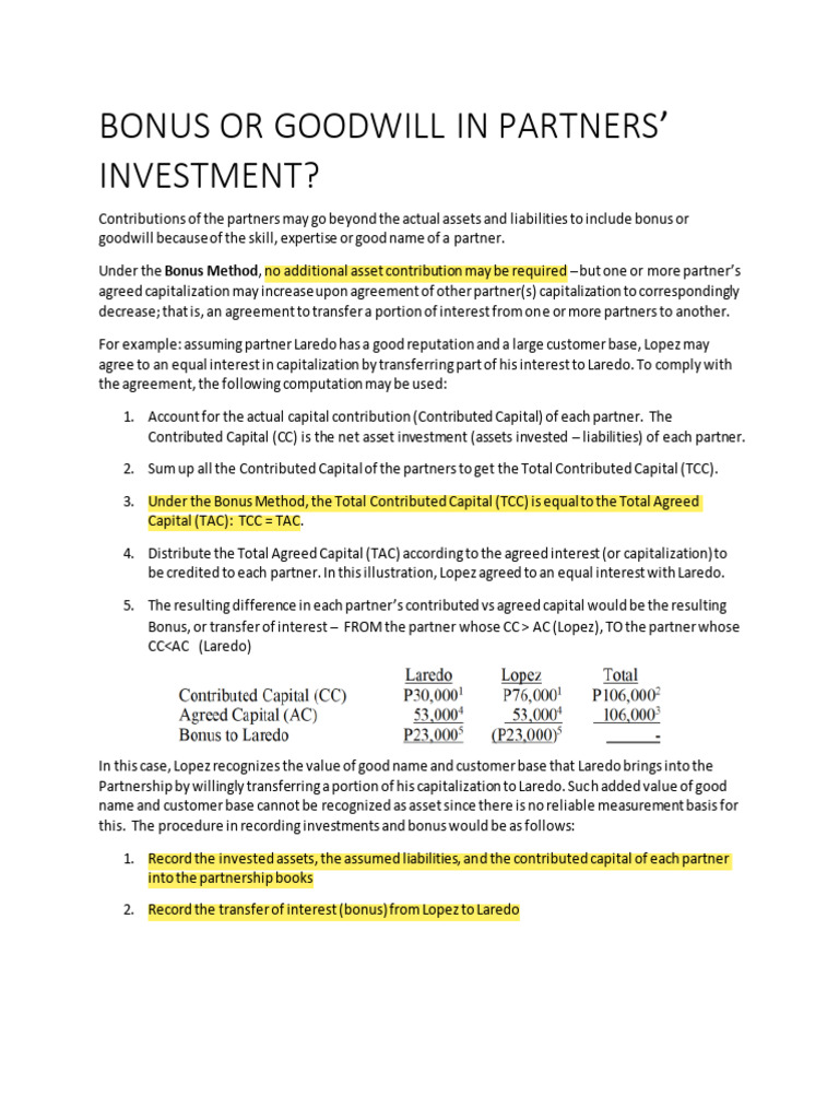 Bonus or Goodwill in Partners' Investment | PDF | Goodwill (Accounting ...