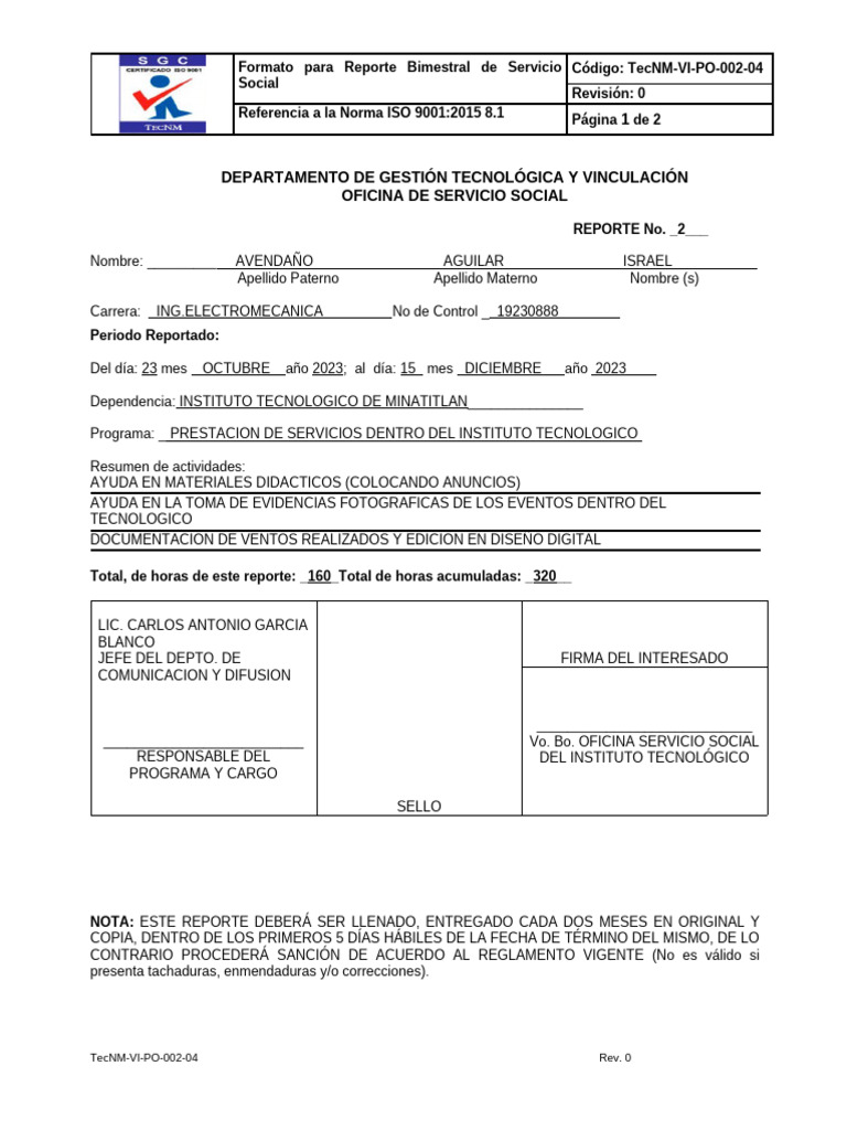 TecNM VI PO 002 04 REPORTE BIMESTRAL | PDF