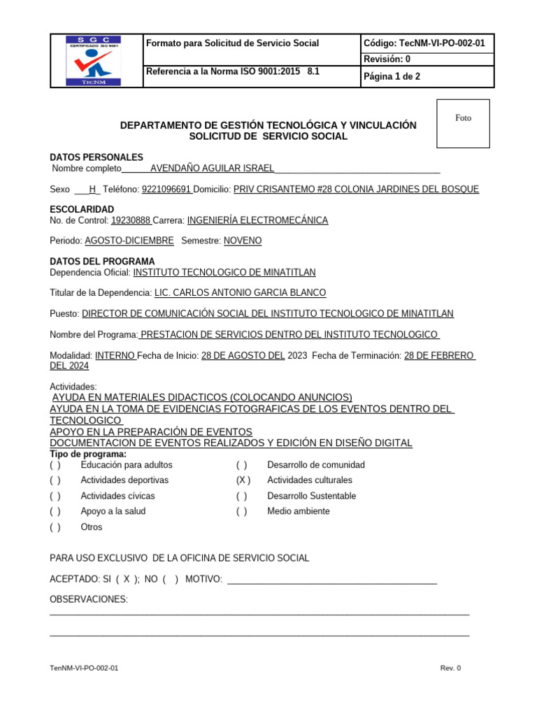 TecNM VI PO 002 01 SOLICITUD DE SERVICIO SOCIAL | PDF