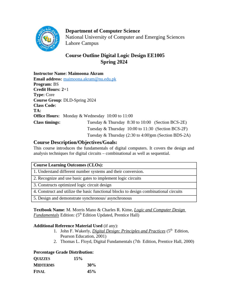 DLD Fall 2024 - Detailed Course Outline | PDF | Boolean Algebra | Teaching Mathematics