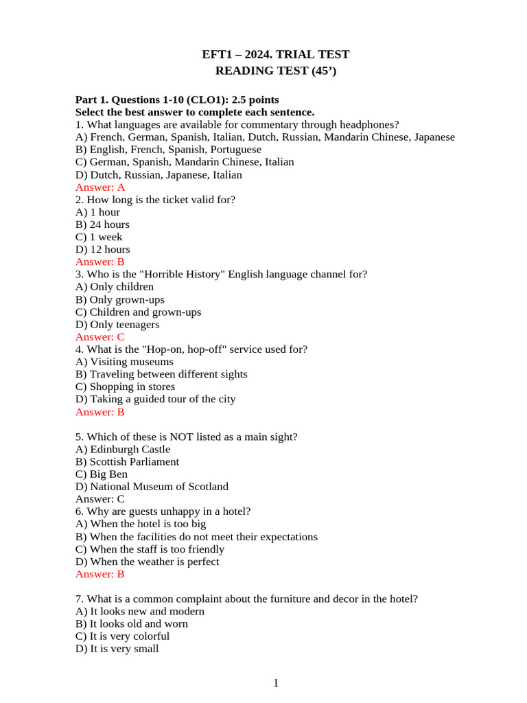 EFT1.2024.Trial Test. FULL - KEY | PDF | Vietnam | Hanoi