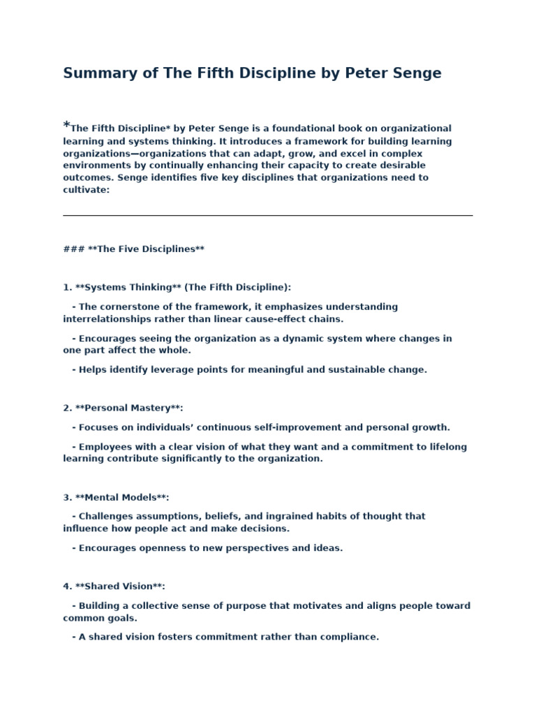 The Fifth Discipline Summary | PDF | Disciplines | Learning