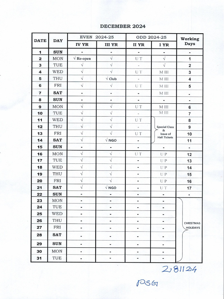 DECEMBER 2024 Working Day Details | PDF