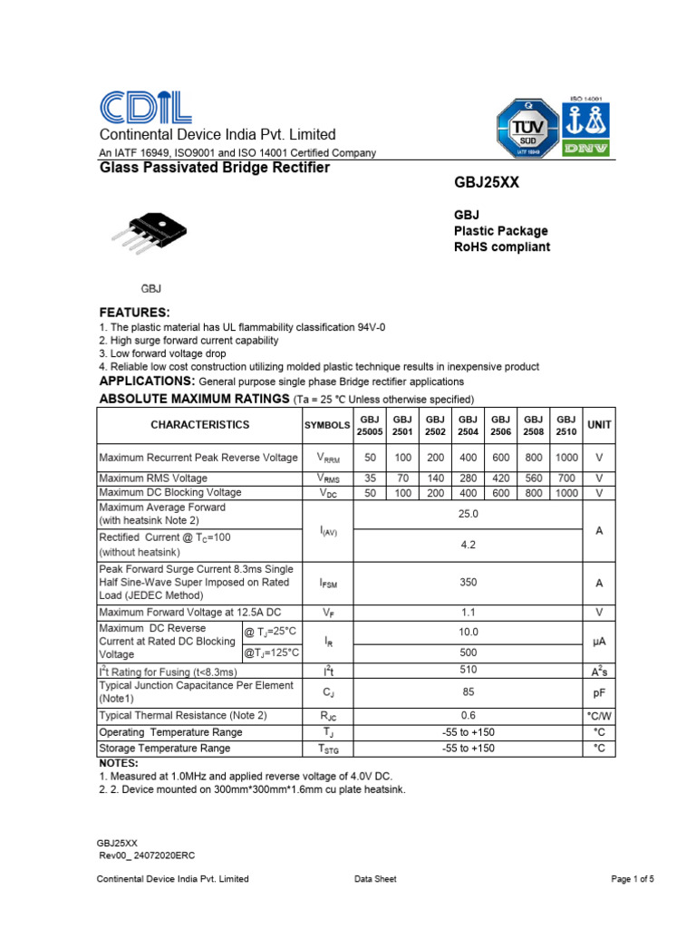 GBJ25XX Series | PDF | Rectifier | Electrical Components
