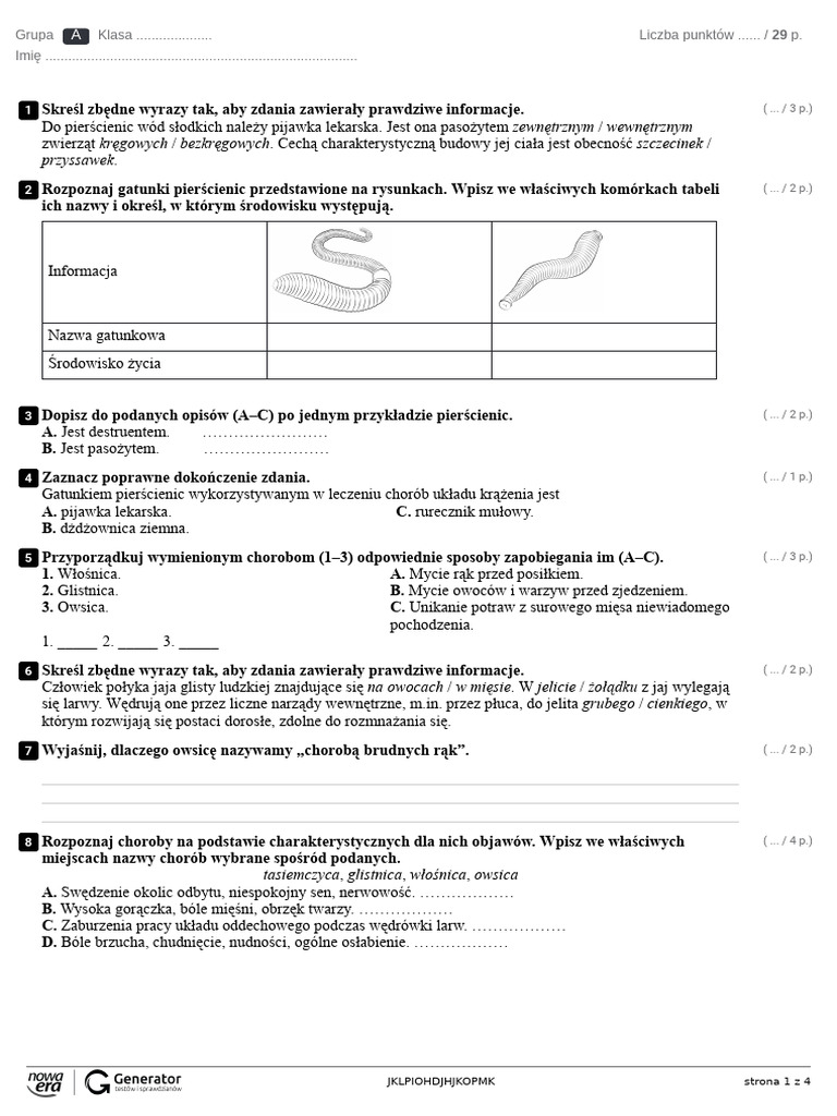 Plazince Nicienie, Pierścienice Test - Ekowydruk | PDF