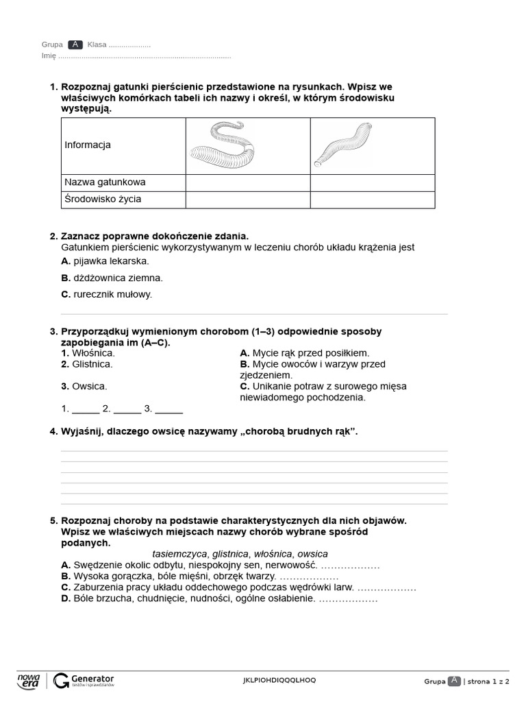 Płazińce, Nicienie, Pierścienice Spe Test - SPE | PDF