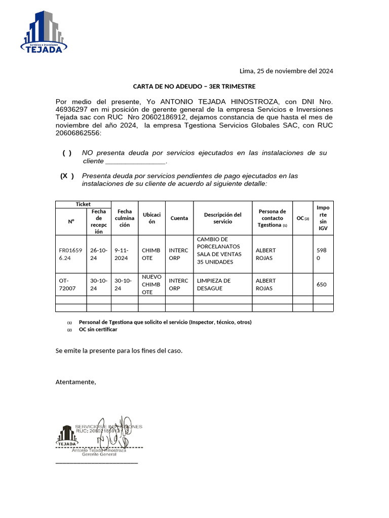 Carta No Adeudo 2024 | PDF