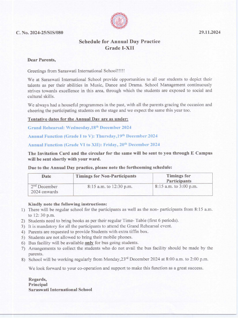 Schedule For Annual Day Practice 2024-25 | PDF