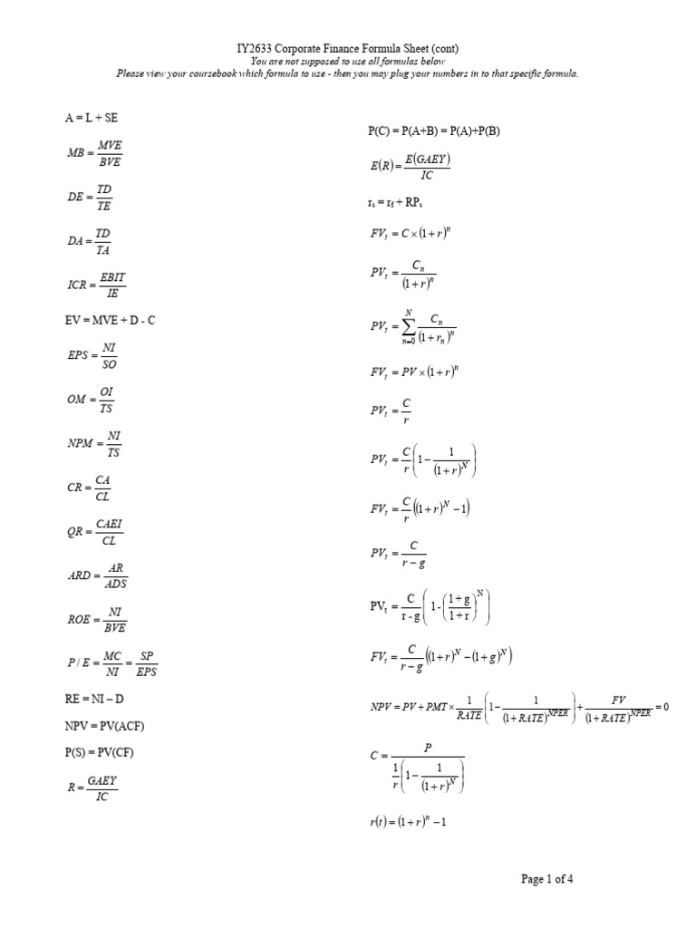 Formulas IY2633 Corporate Finance | PDF | Financial Economics | Private ...