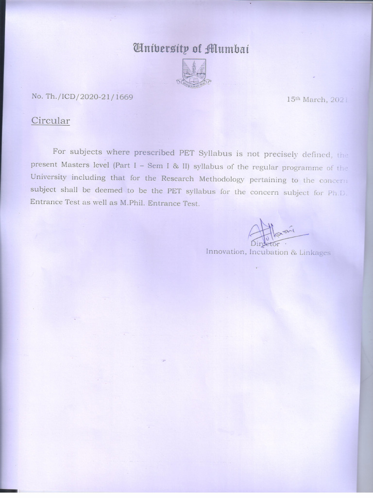 Circular of PET Syllabus | PDF