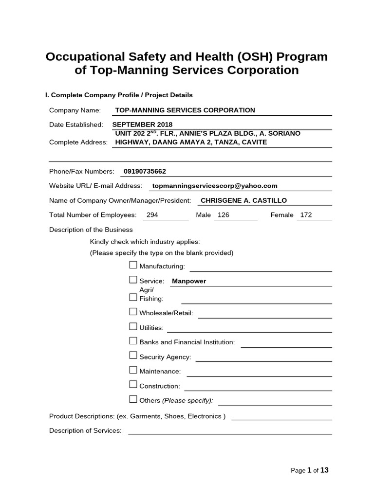 OSH Program Top-Manning Services Corporation 2023 | PDF | Occupational ...