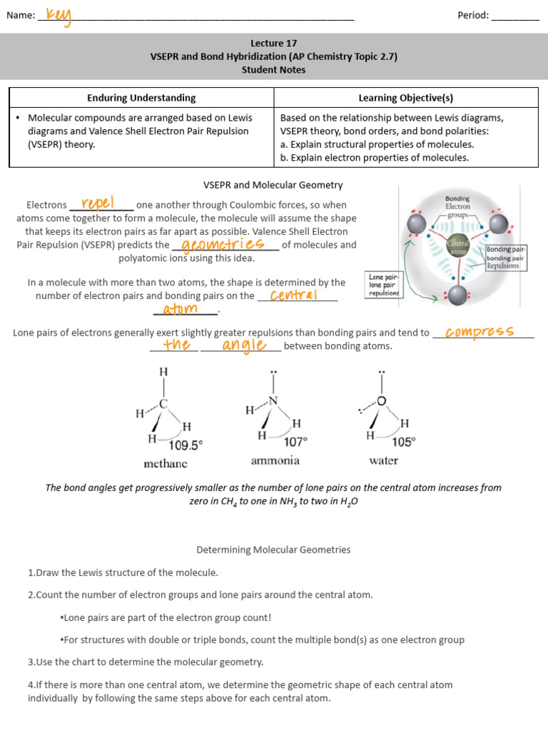 KEY Student Notes Lecture 17 VSEPR and Bond Hybridization | PDF ...