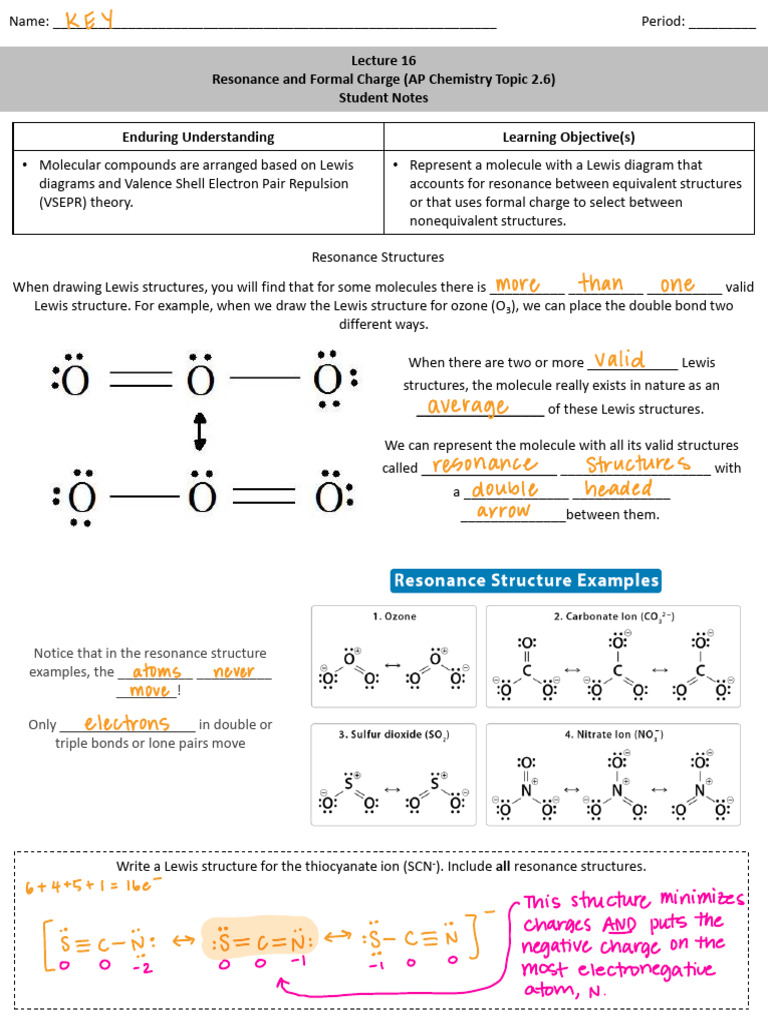 KEY Student Notes Lecture 16 Resonance and Formal Charge | PDF ...