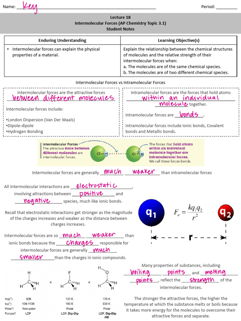 KEY Student Notes Lecture 18 Intermolecular Forces | PDF ...