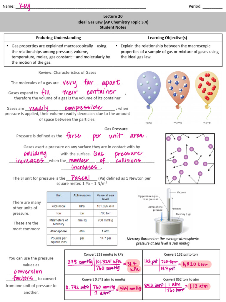 KEY Student Notes Lecture 20 Ideal Gas Law | PDF | Gases | Pressure
