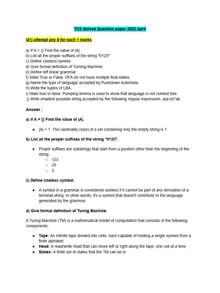 TCS Solved Question Paper | PDF | Automata Theory | Mathematical Logic