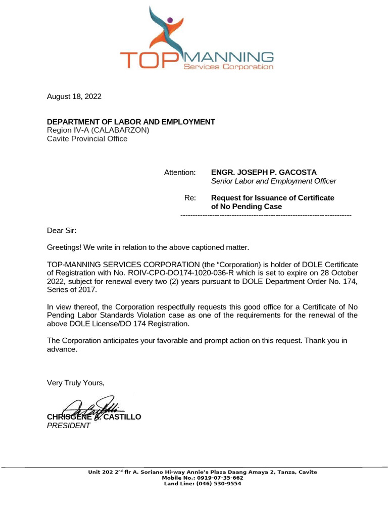Letter of Request - DOLE Cert of No Pending Case | PDF