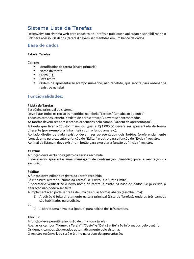 Sistema Lista de Tarefas | PDF | Bancos de dados | Informática