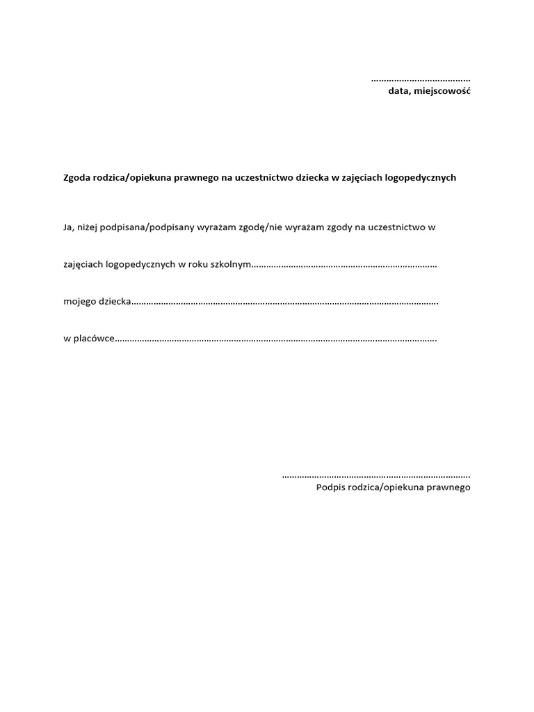 Zgoda Na Udzial W Zajęciach Logopedycznych | PDF Zgoda Na Udzial W Zajęciach Logopedycznych | PDF