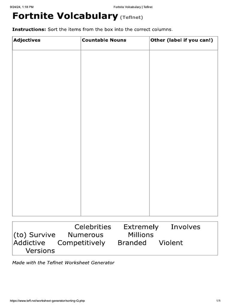 Fortnite Worksheet | PDF