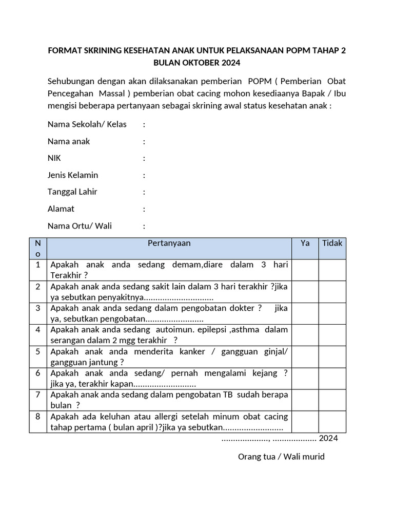 Format Skrining Popm Kesehatan Anak Sekolah 2024 | PDF